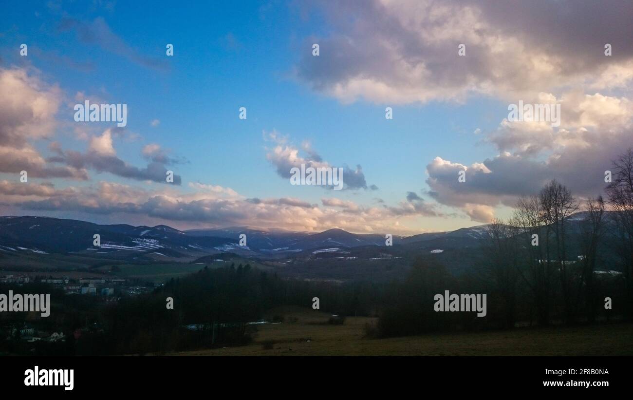 Beautiful sunset in mountain landscape Stock Photo - Alamy