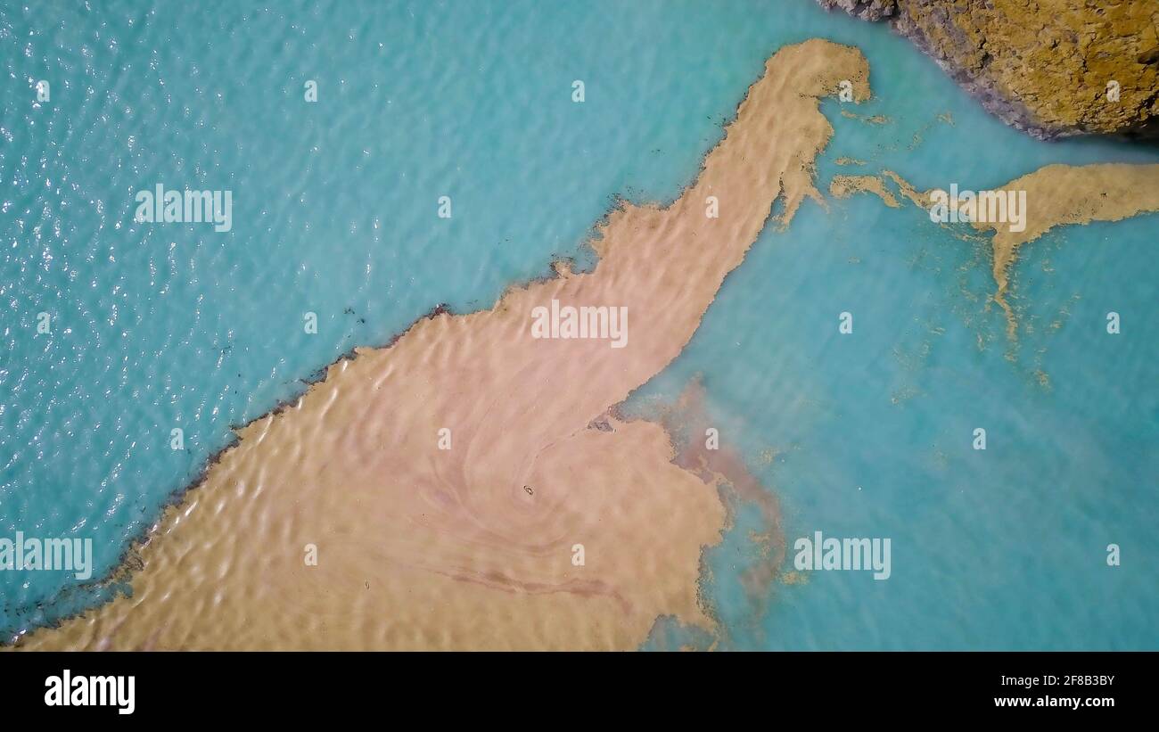 Top down view of sediments floating just below the surface of a ...