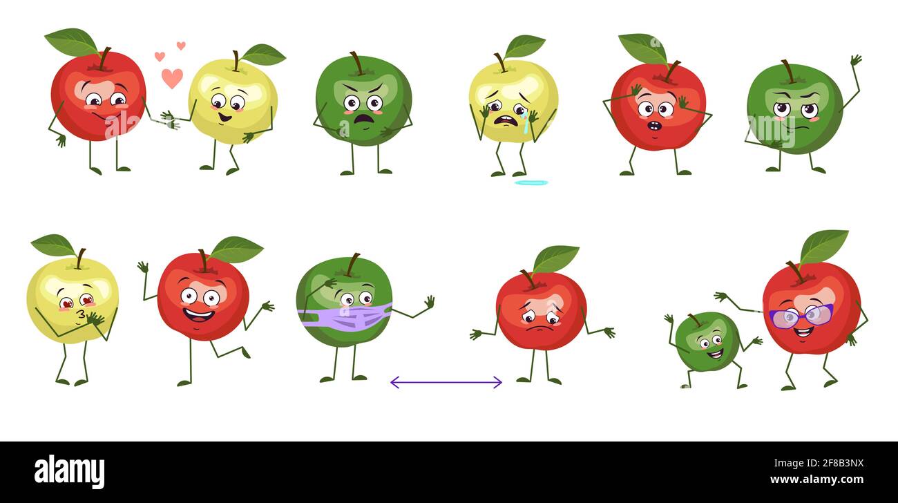 Set of cute apple characters with emotions, faces, arms and legs. Funny ...