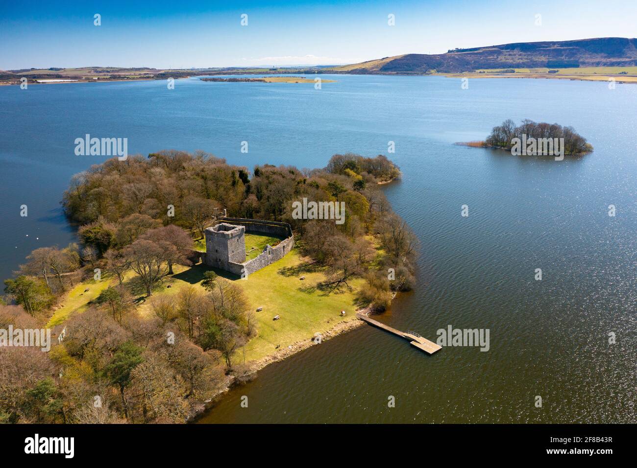 Aerial view from drone of Lochleven Castle ( closed during covid-19 ...