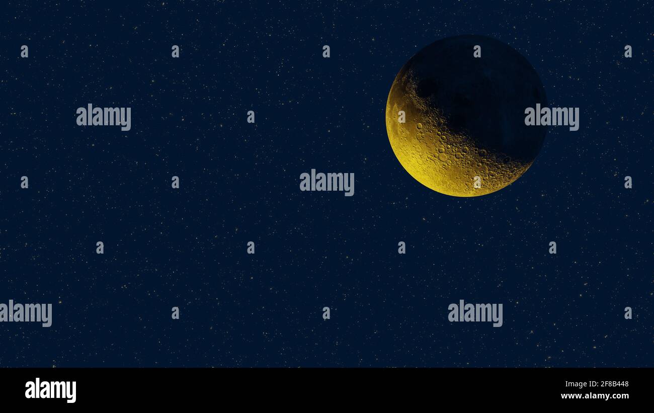 golden moon crescent moon. lunar landscape with stars 3d render Stock ...