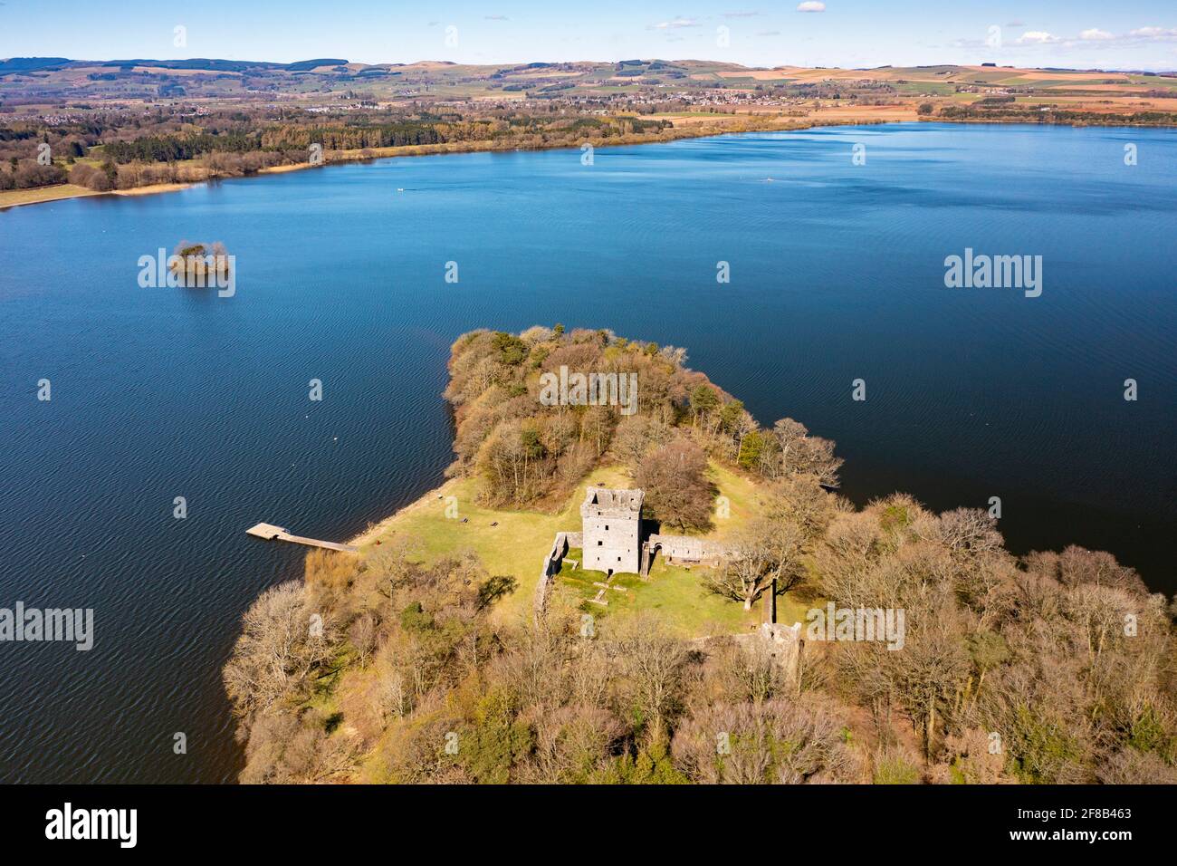 Aerial view from drone of Lochleven Castle ( closed during covid-19 ...