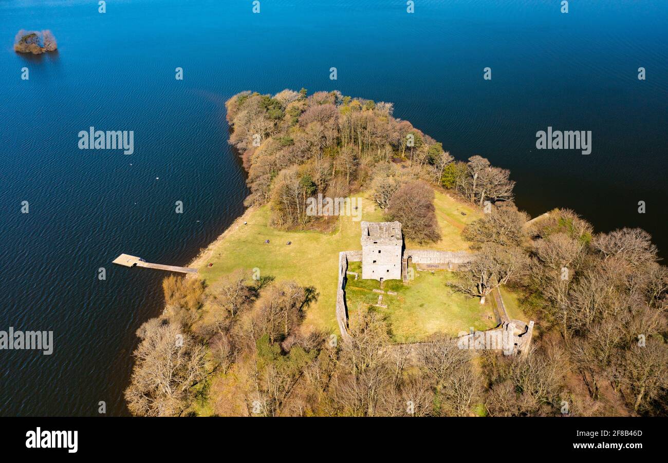 Aerial view from drone of Lochleven Castle ( closed during covid-19 ...