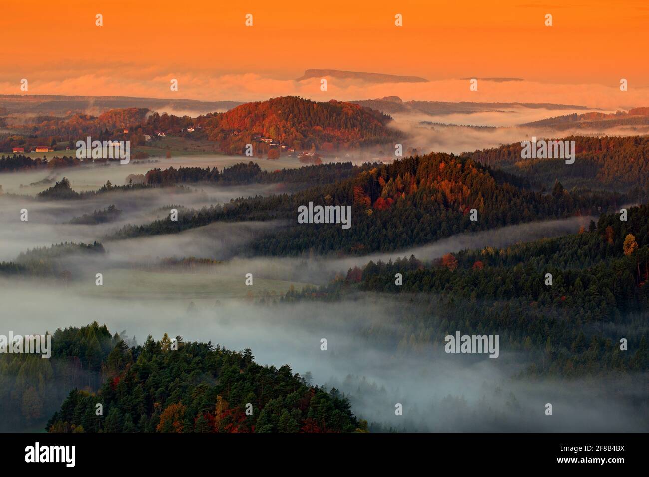 Czech autumn landscape. Hills and villages with foggy morning. Morning ...