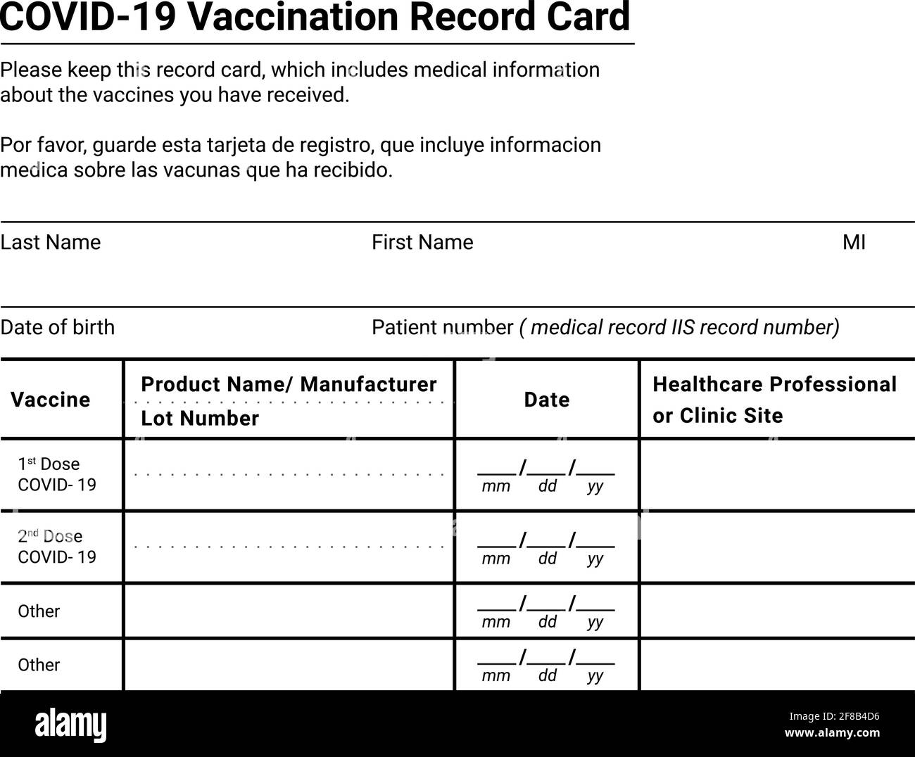 Coronavirus vaccination record card on white background with copy space ...
