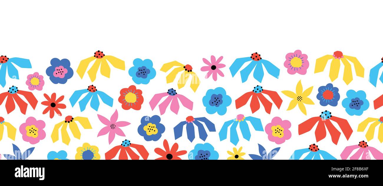 Seamless Flower border red blue yellow pink. Repeating cute floral ...