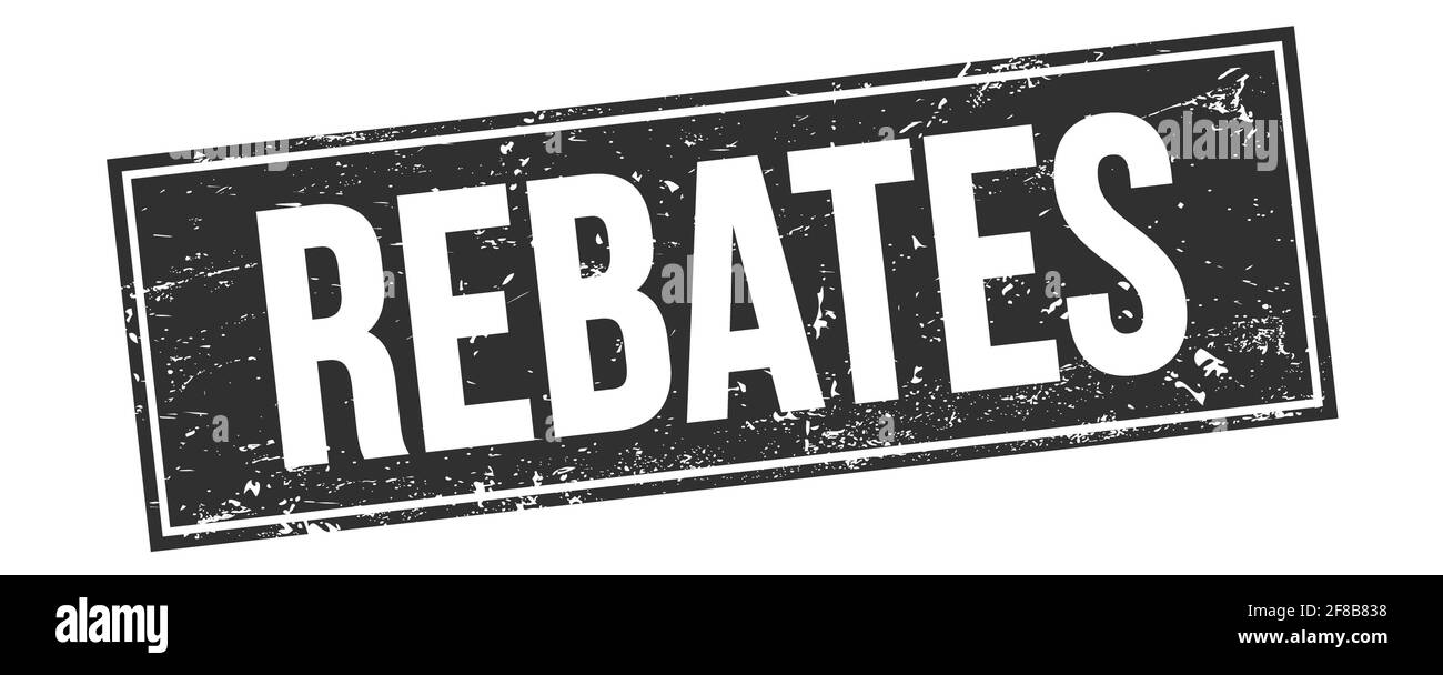 REBATES text on black grungy rectangle stamp sign Stock Photo - Alamy