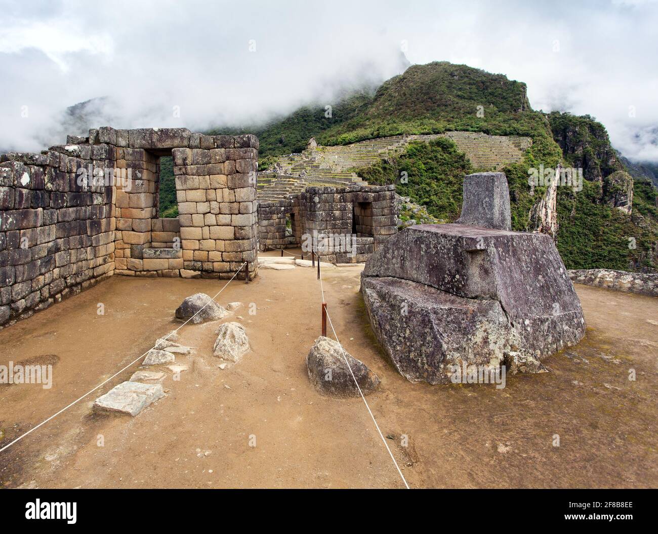 Machu Picchu, Intihuatana stone, detail from peruvian incan town ...