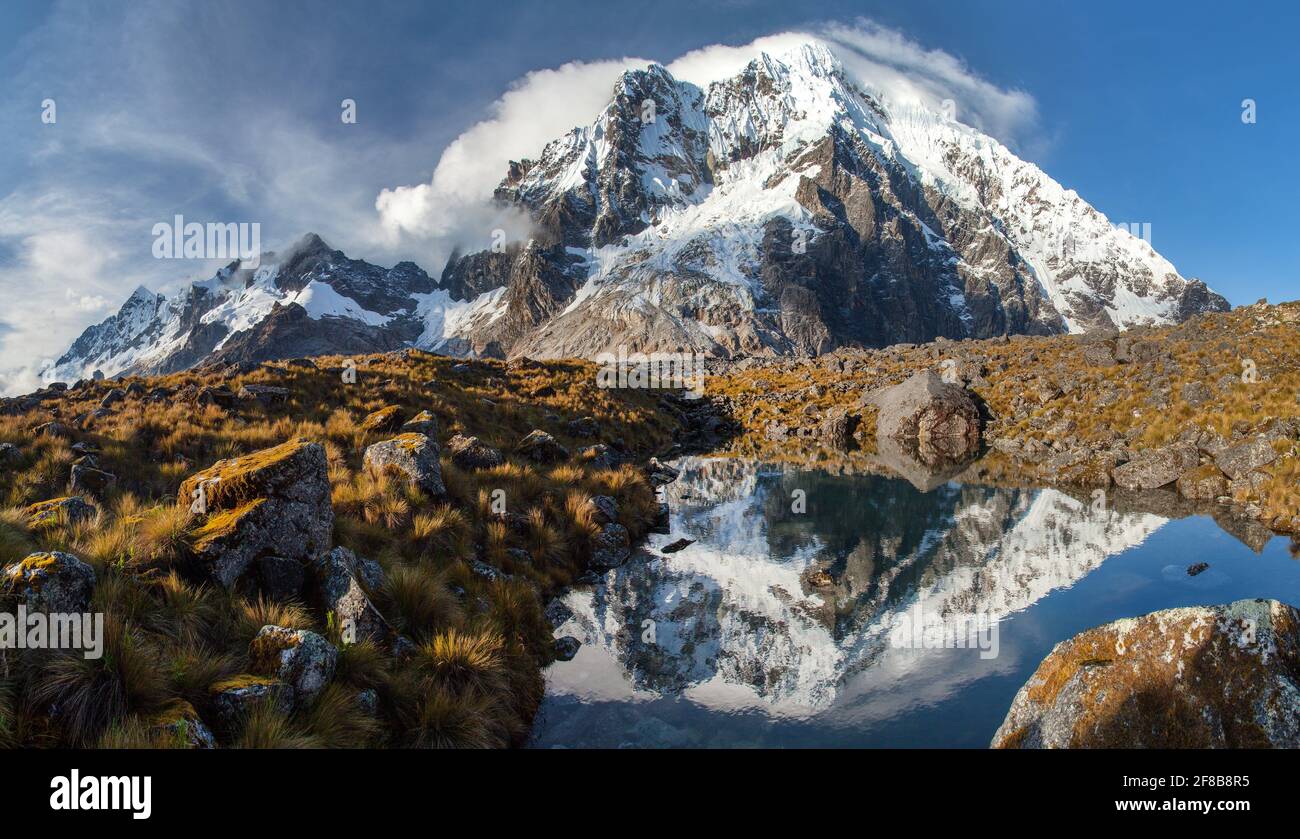Evening view of mount Salkantay mirroring in lake, Salkantay trek in ...