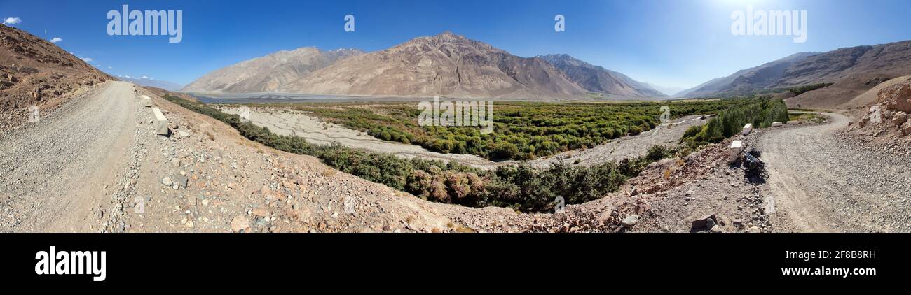 Panj river, Hindukush mountains and Pamir highway. Panj is upper part ...