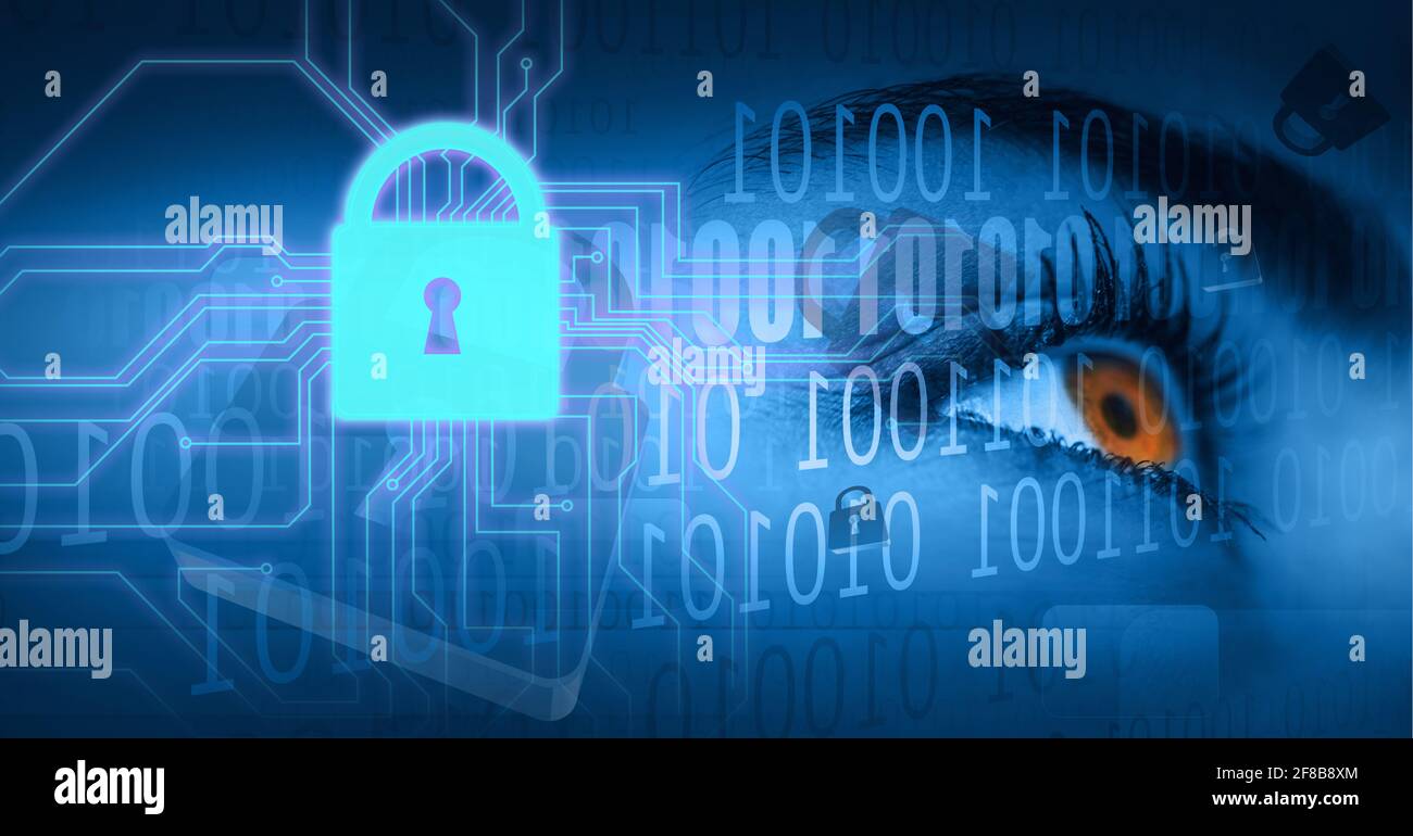 Composition Of Security Padlock Processor Binary Code And Womans Eye