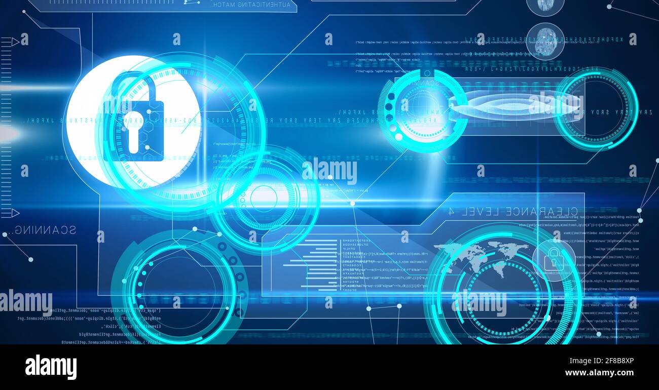 Composition of online security padlock, scopes, binary code, world map ...