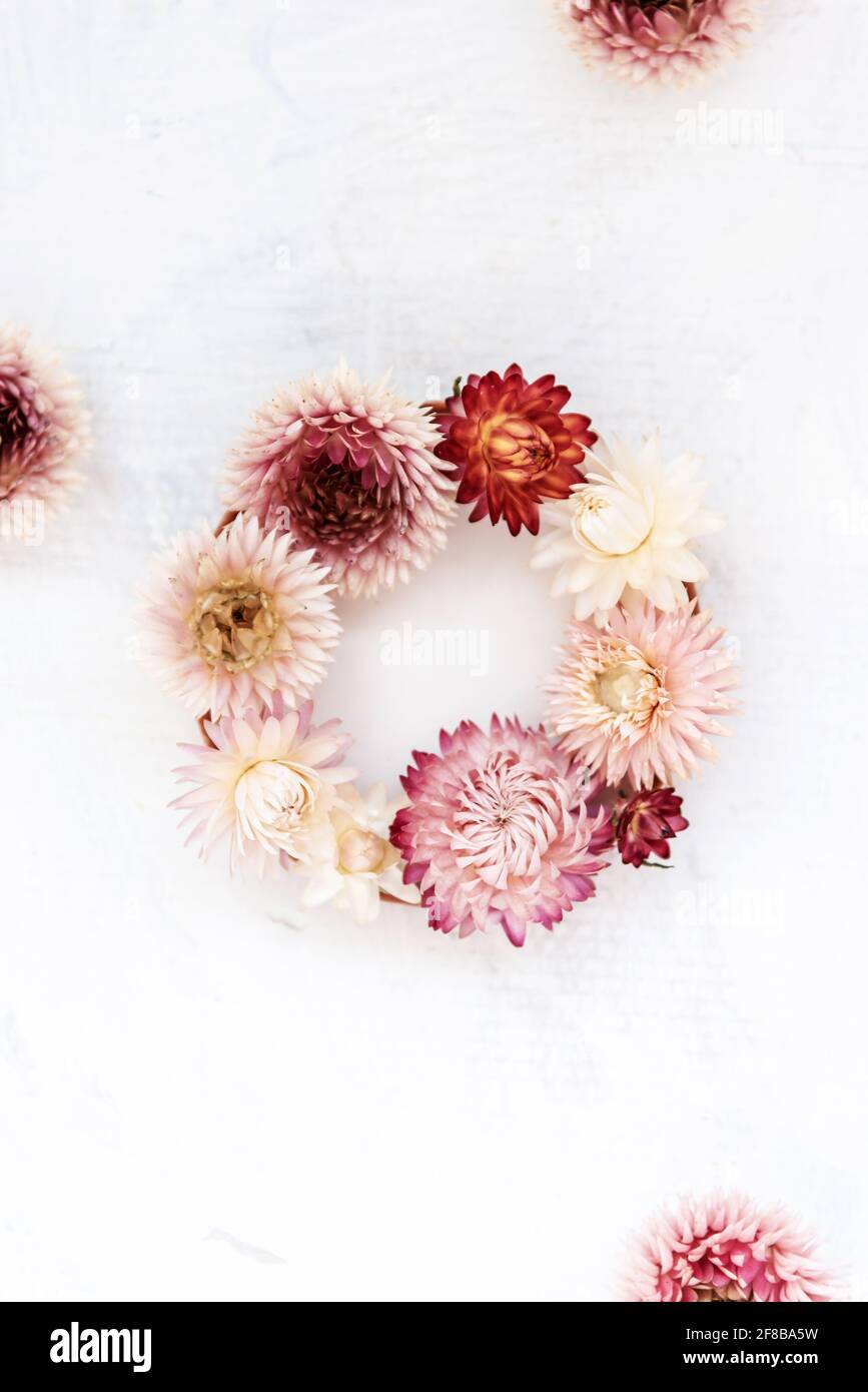 Floral round frame from dry flowers background on white textured ...