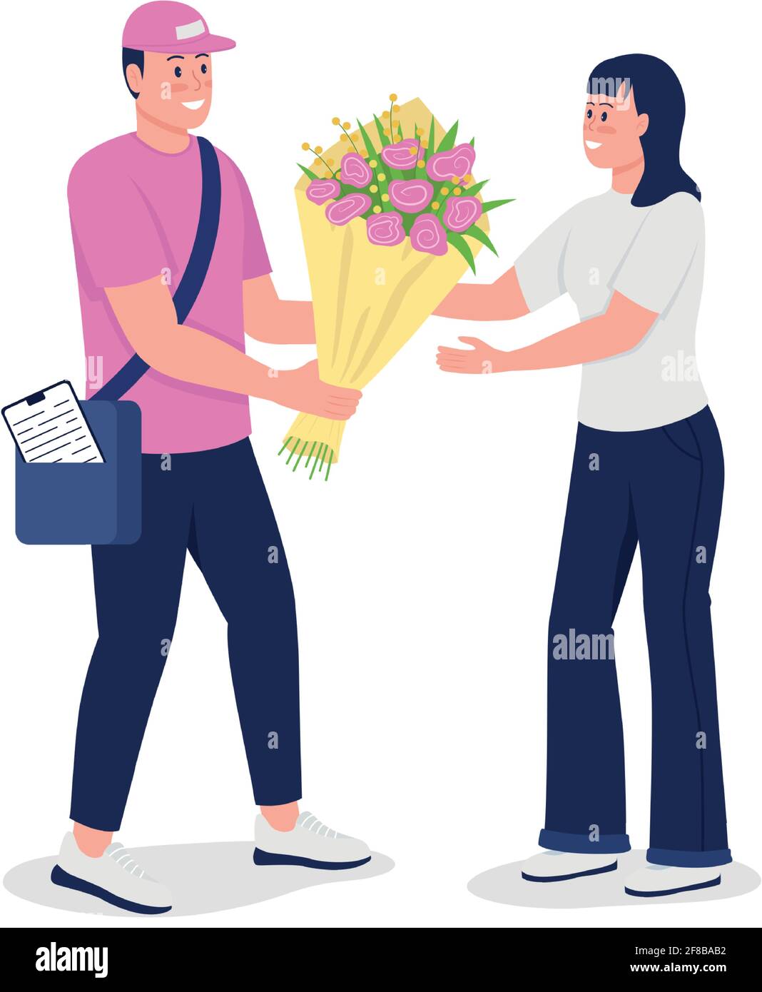 Happy delivery man give woman bouquet flat color vector detailed ...