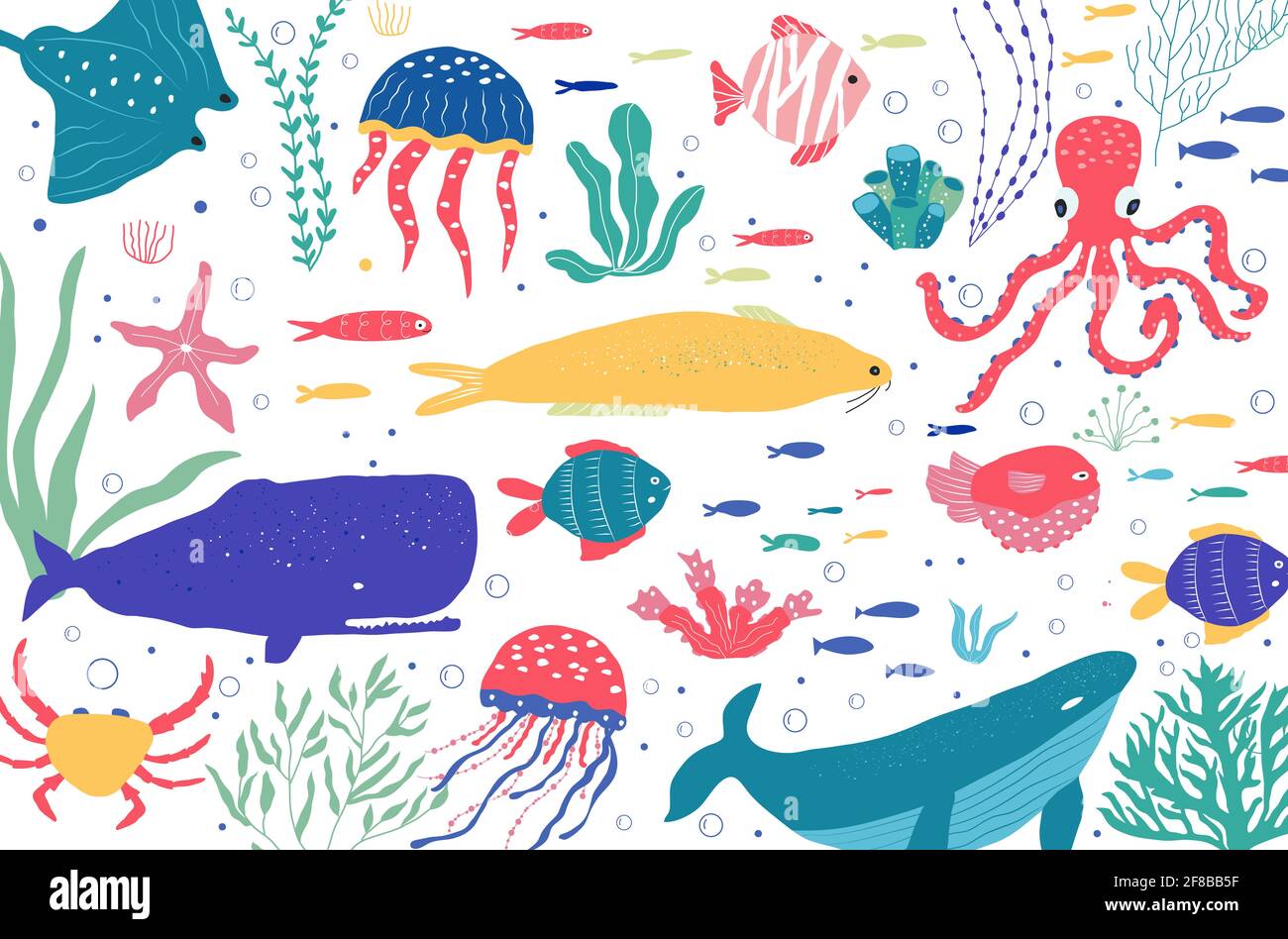 Underwater creatures fish, jellyfish, octopus, clownfish, seaplants and ...