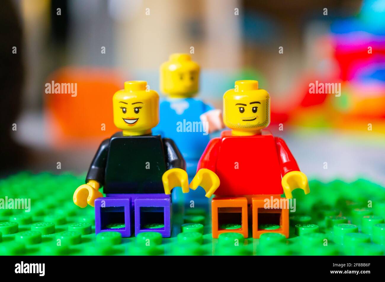 POZNAN, POLAND - Mar 27, 2021: Group of Lego figurines having a fitness ...