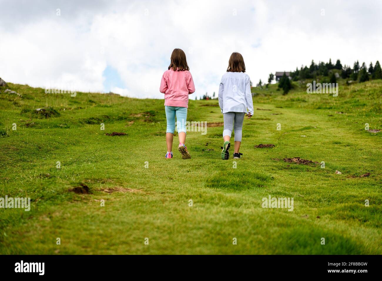 Children hiking in mountains or meadows with sport hiking shoes. Girls ...