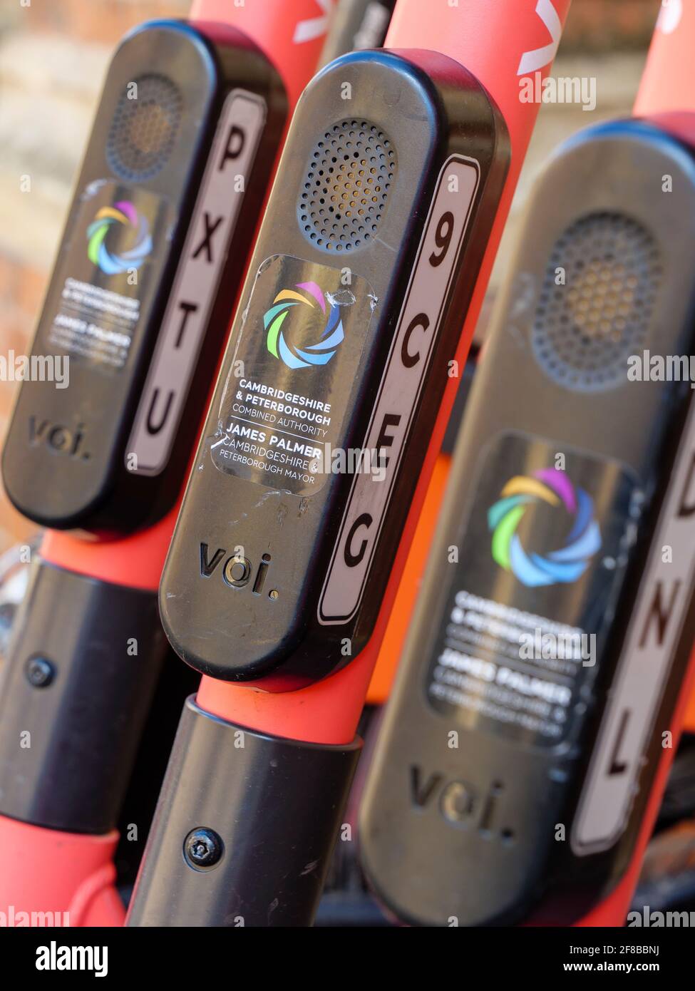 Cambridge, Cambridgeshire 12/04/2021 Voi. Electric scooters in ...