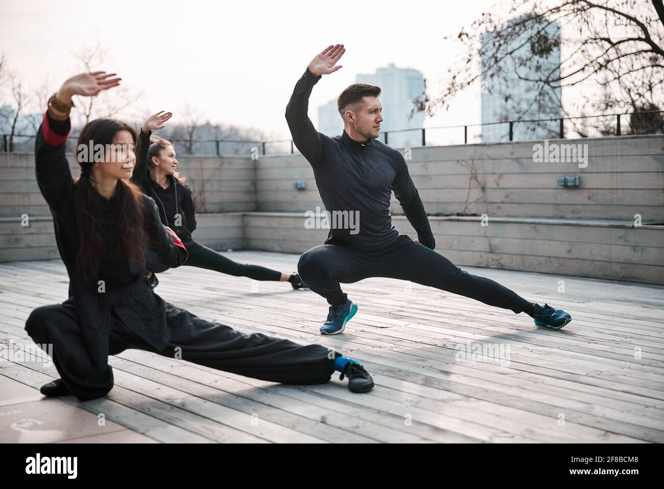 Adult tai chi pupils practising snake creeps down with teacher Stock ...