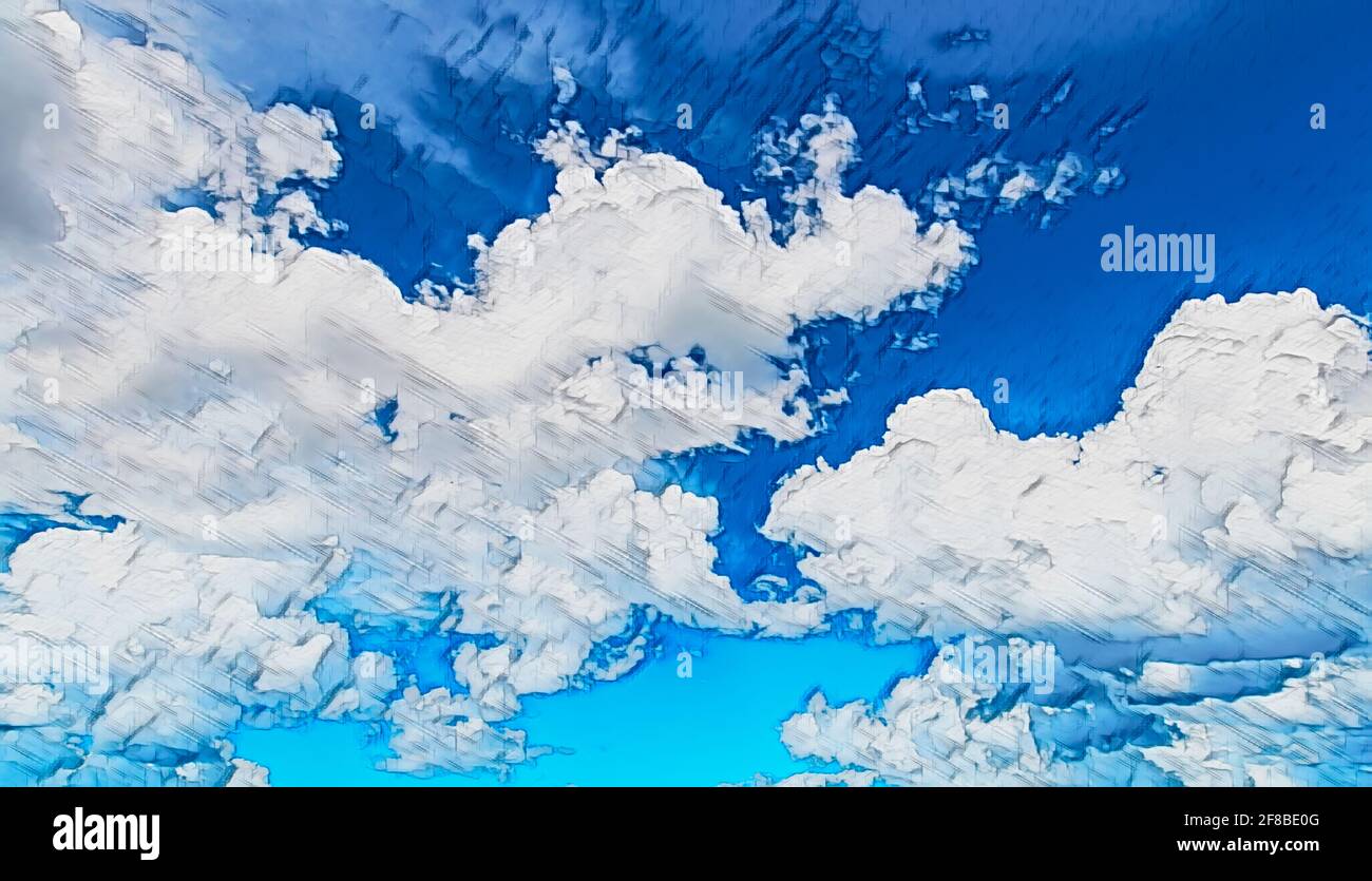 2D illustration of a vibrant bright blue sky with soft white clouds ...