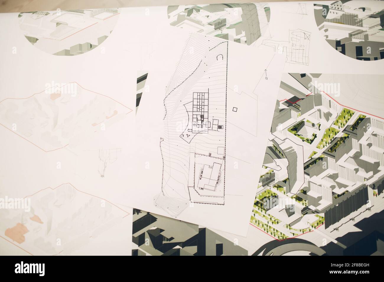 Drawings blueprints and layout design project at office table Stock ...