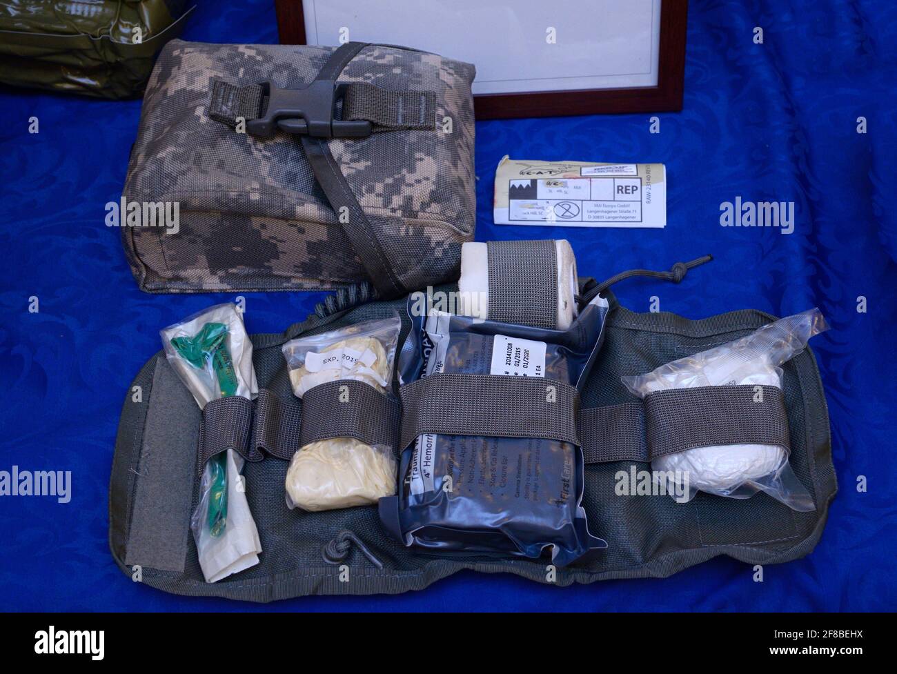 Backpack with soldier s first aid kit: bandages, wound-healing drugs ...