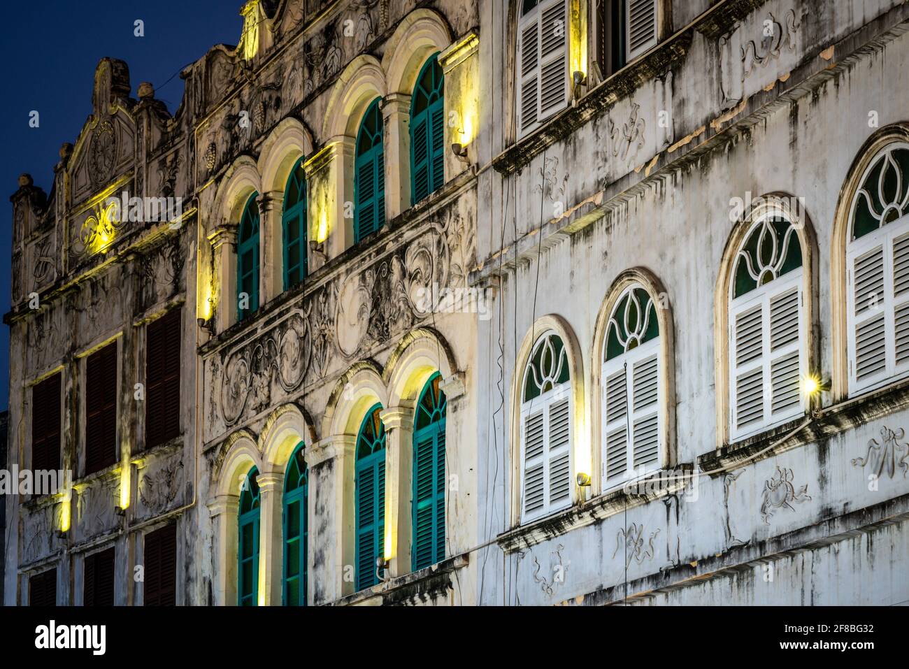 Details of facade of old French colonial buildings in Qilou or ...