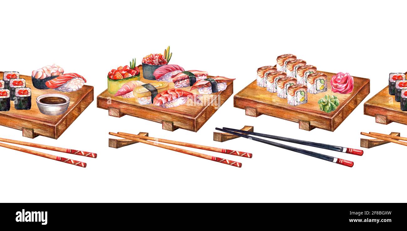 Seamless border with japanese cuisine rolls on board with chopsticks ...