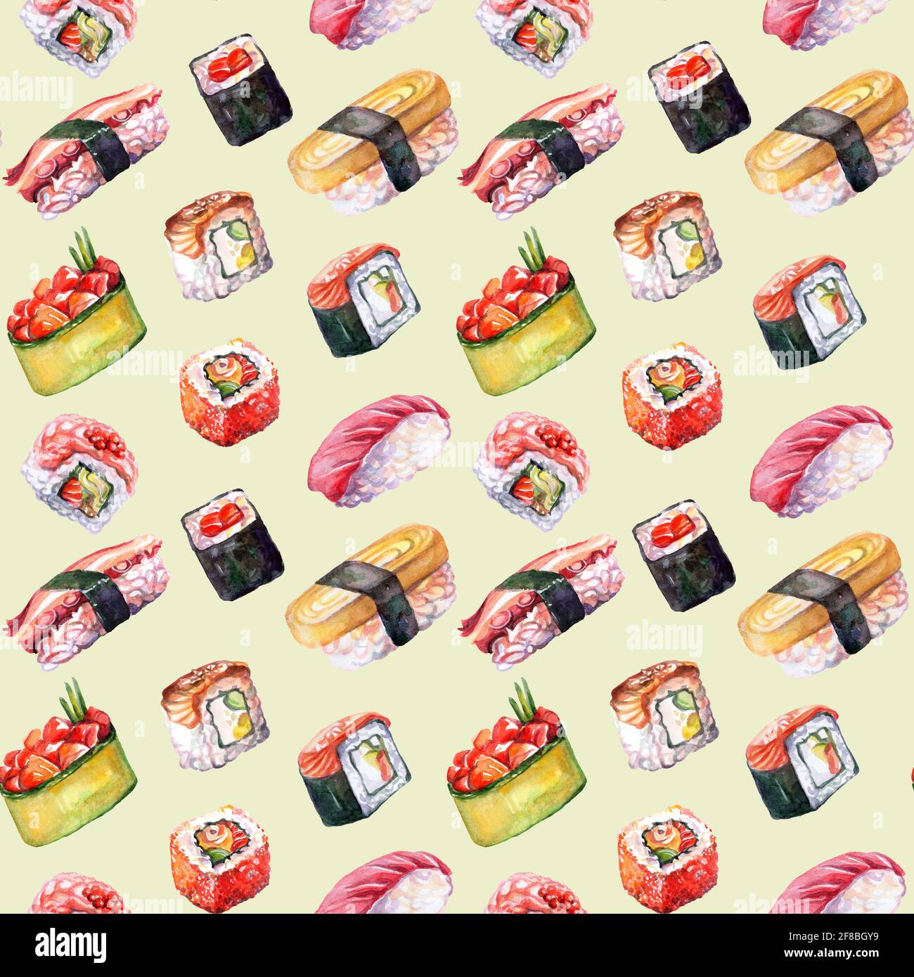 Seamless pattern japanese cuisine sushi and rolls, watercolor ...
