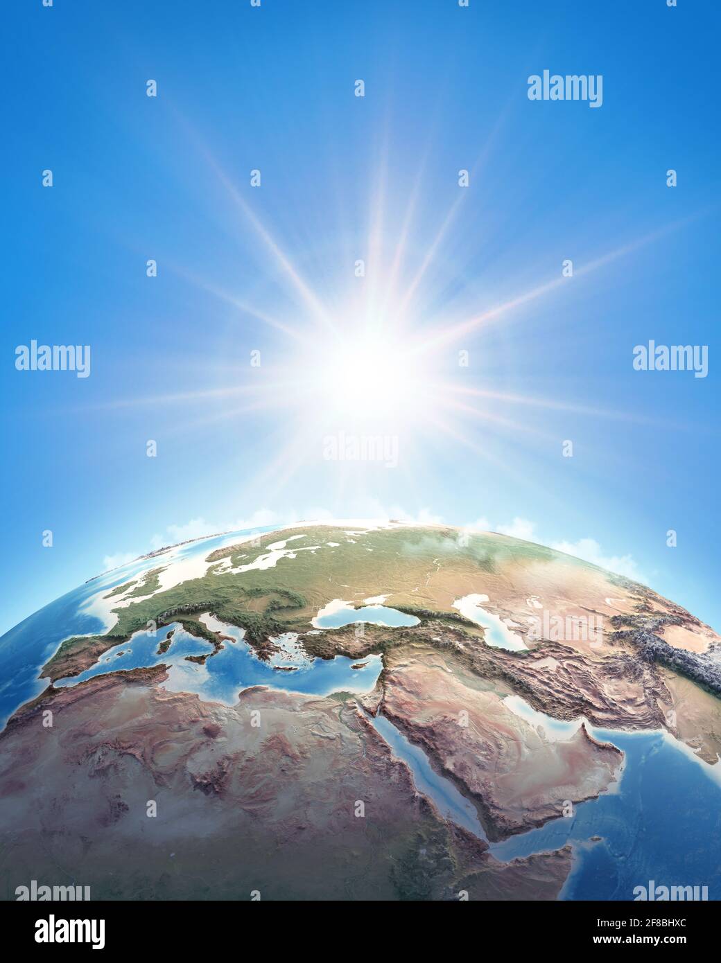 Sun shining over a high detailed view of Planet Earth, focused on ...