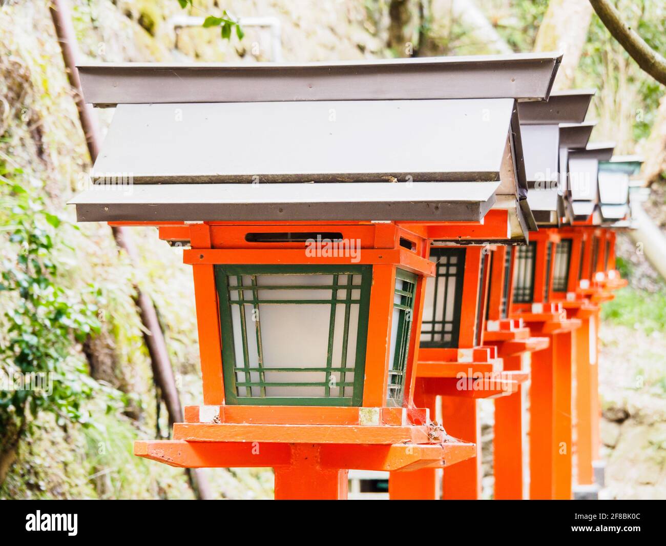 Traditional light poles at Kifune shrine, Kyoto in Japan Stock Photo ...