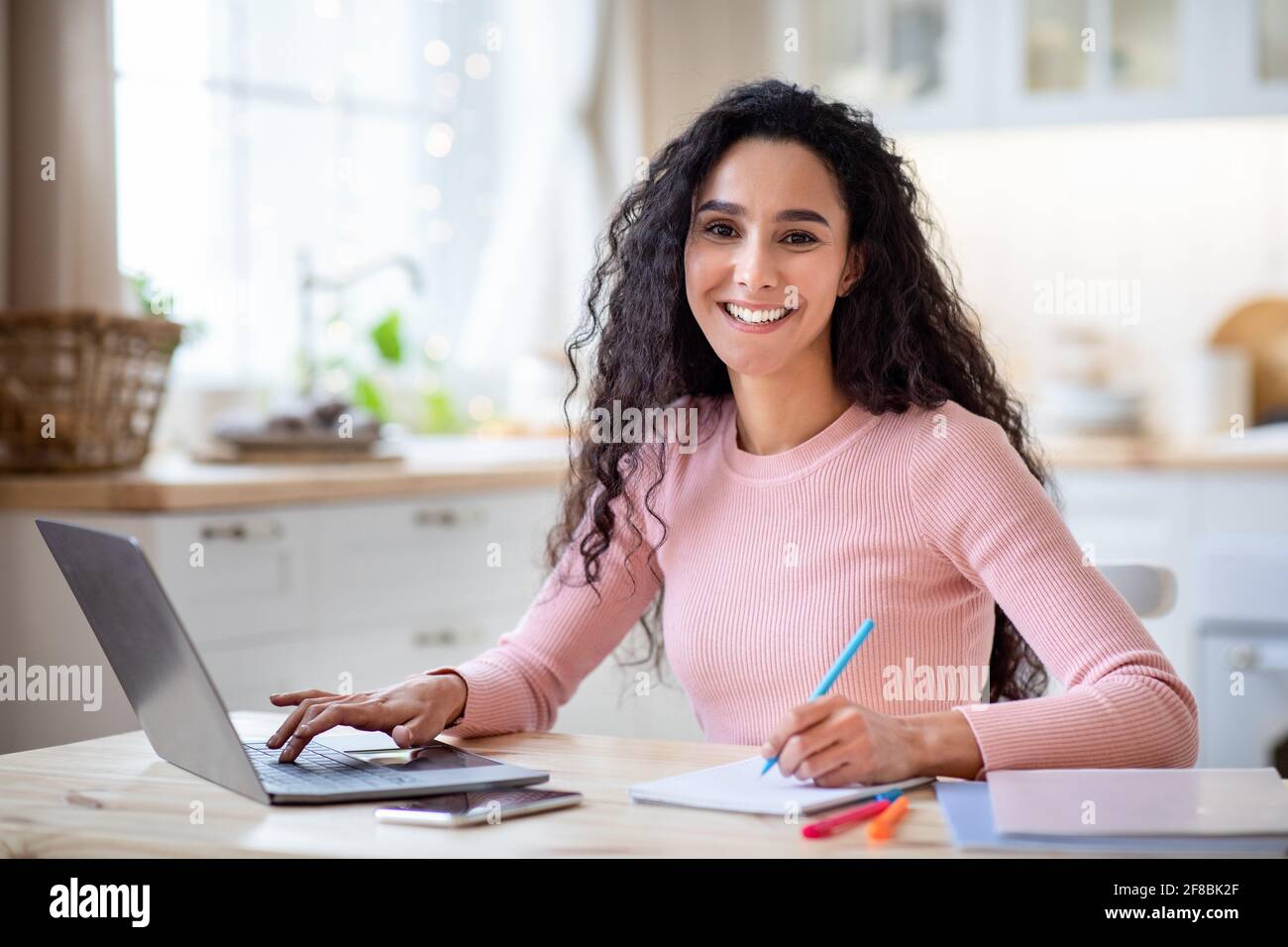 Work From Home. Happy Young Freelancer Lady Working With Laptop In ...
