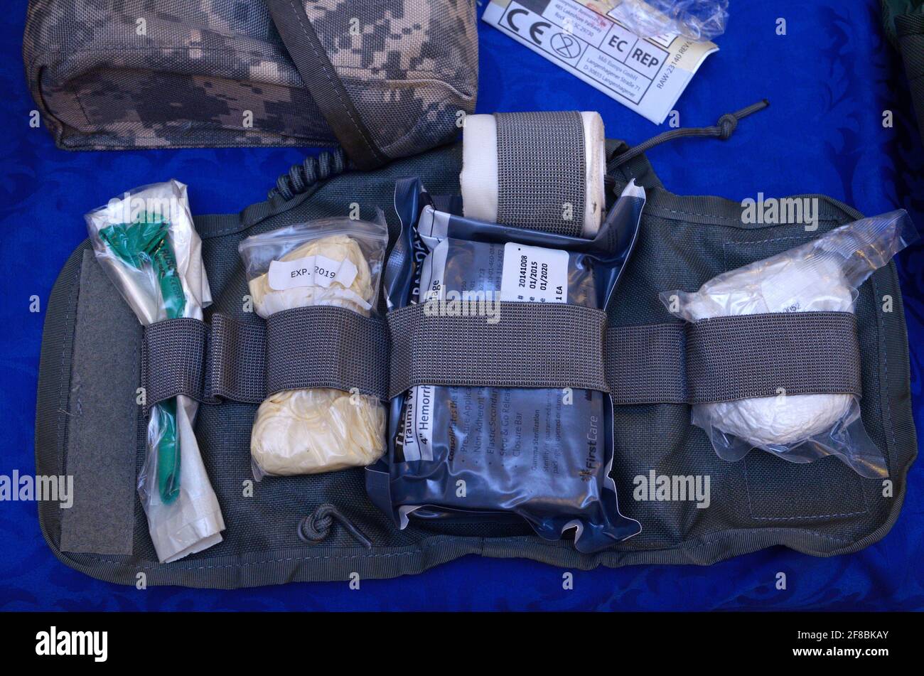 Backpack with soldier s first aid kit: bandages, wound-healing drugs ...