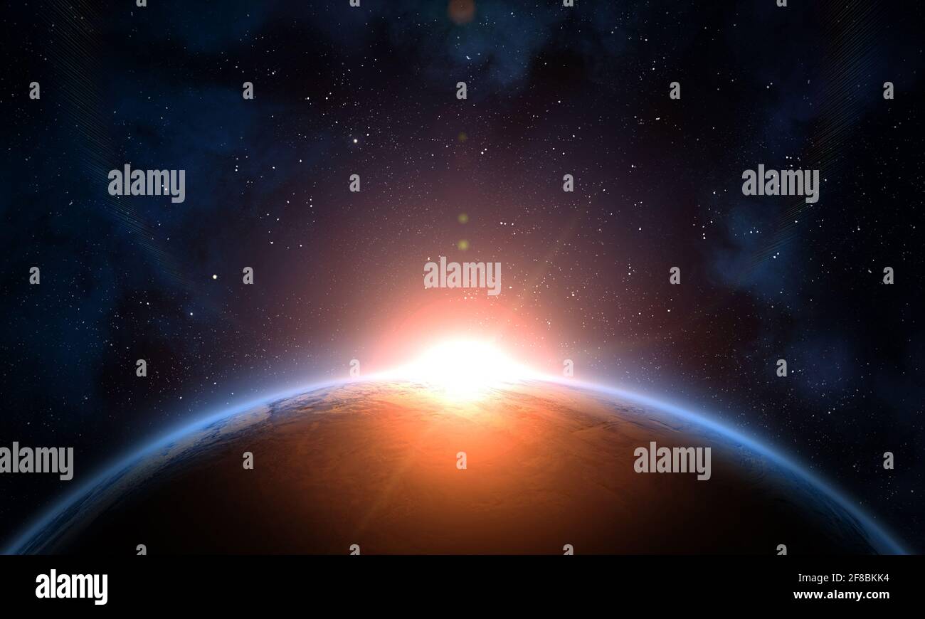 Earth, galaxy, nebula and Sun. Sunrise, view of earth from space ...