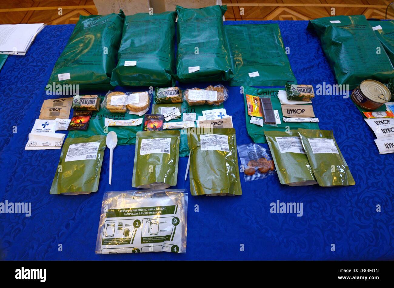 Military nutrition kit for soldiers, daily ration. Biscuits, canned ...