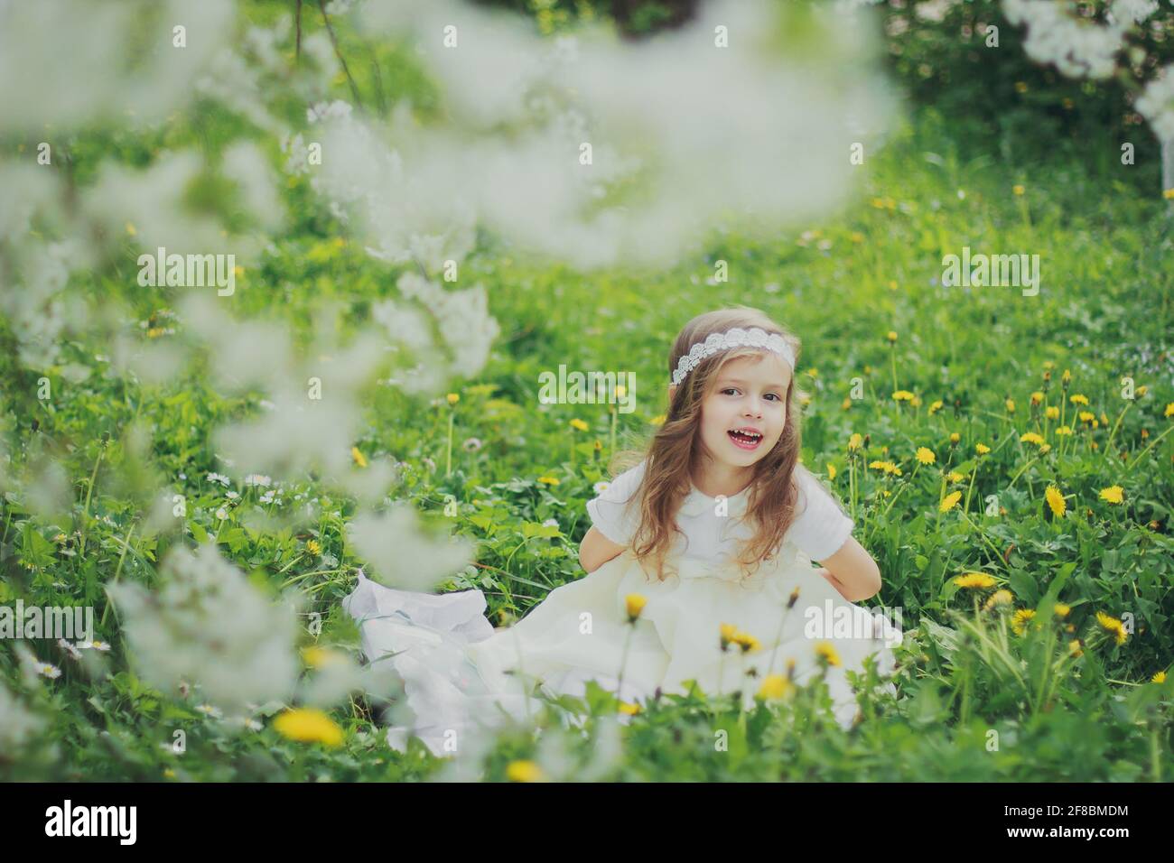 A girl in dress hiding something behind her back in spring cherry ...
