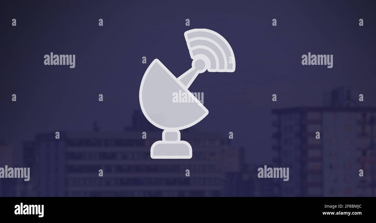 Satellite broadcast station over purple city buildings background Stock ...