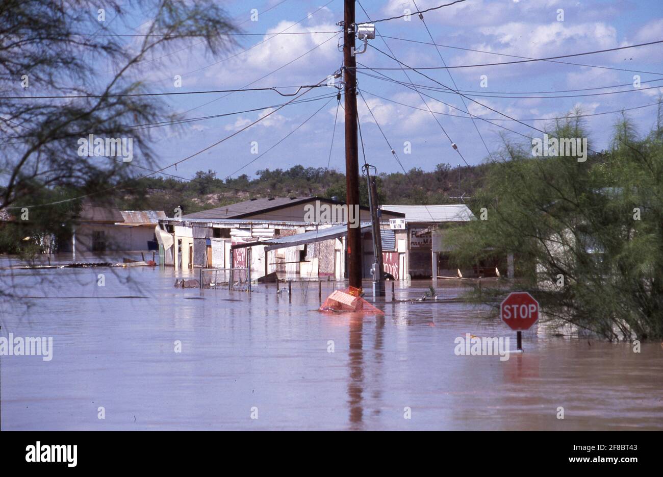 August 1998, Rio Bravo Texas USA: Flood waters from the Rio Grande ...
