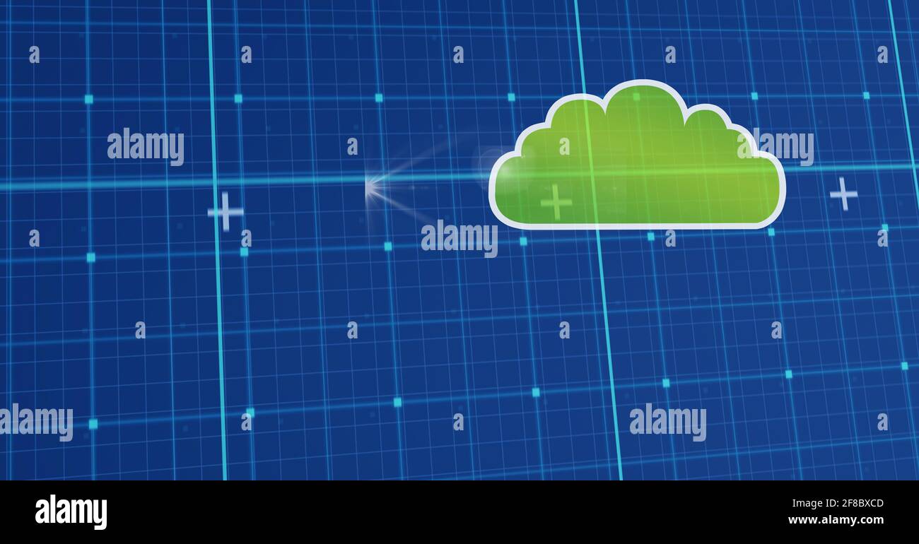 Green cloud icon over blue grid lines background Stock Photo - Alamy