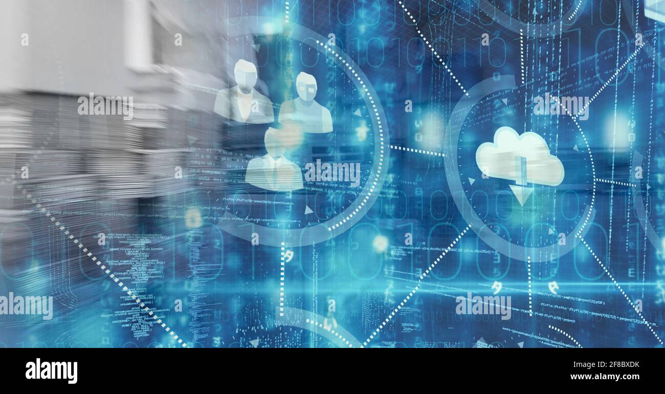 Profiles and cloud storage icons, data processing, over warehouse ...