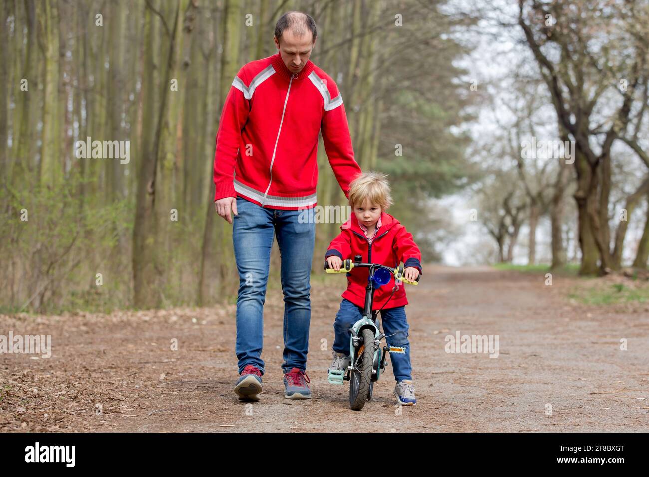Little boy, learning how to ride a bike in the park, springtime Stock ...
