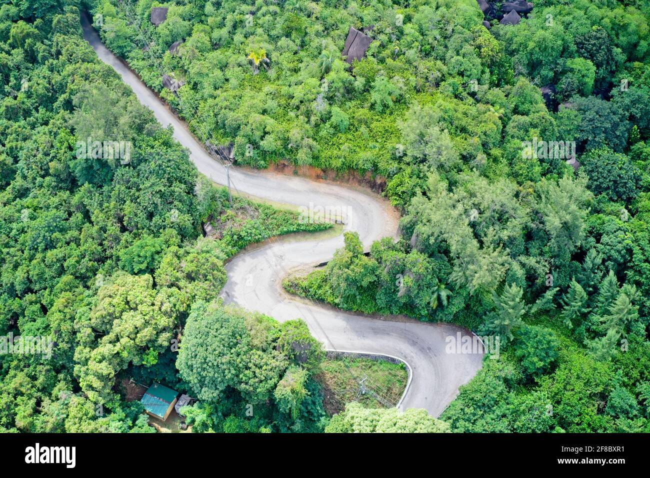 Drone field of view of a road winding through a green landscape ...