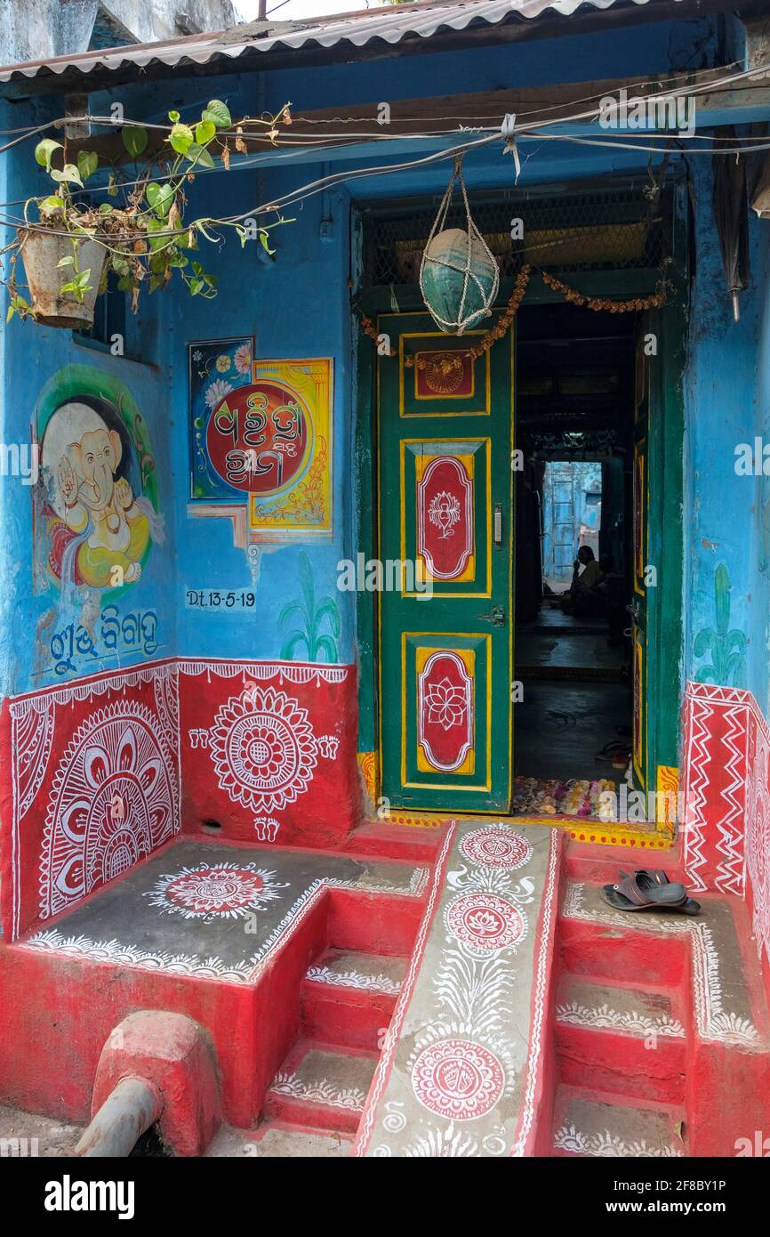 Jeypore, India - February 2021: A facade decorated with rangoli on a ...