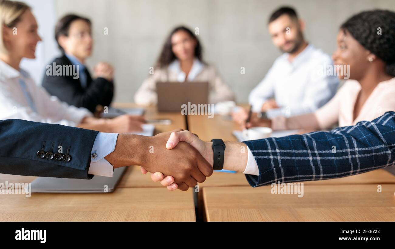 Closeup Of Handshake Greeting At Corporate Meeting, Cropped, Panorama ...