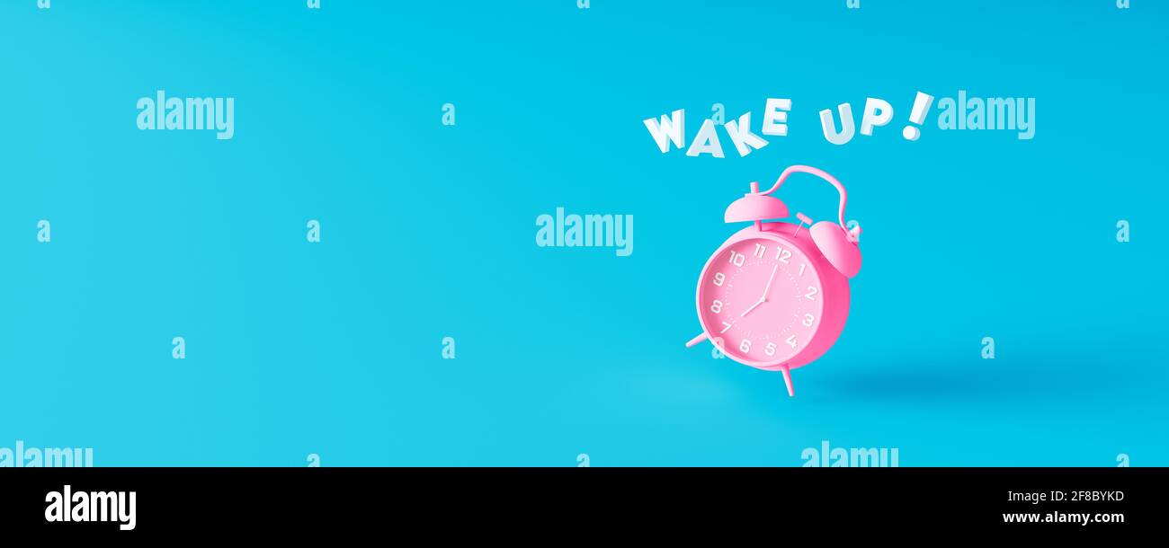 Pink alarm clock ringing with wake up text on blue background 3d render ...