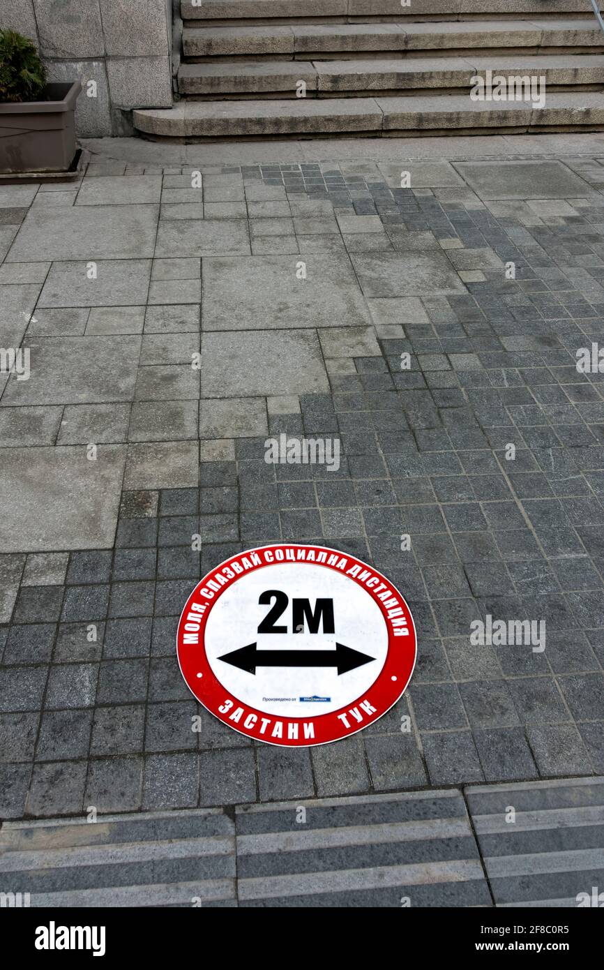 warning sign for distancing in front of the city library,Sofia Bulgaria ...