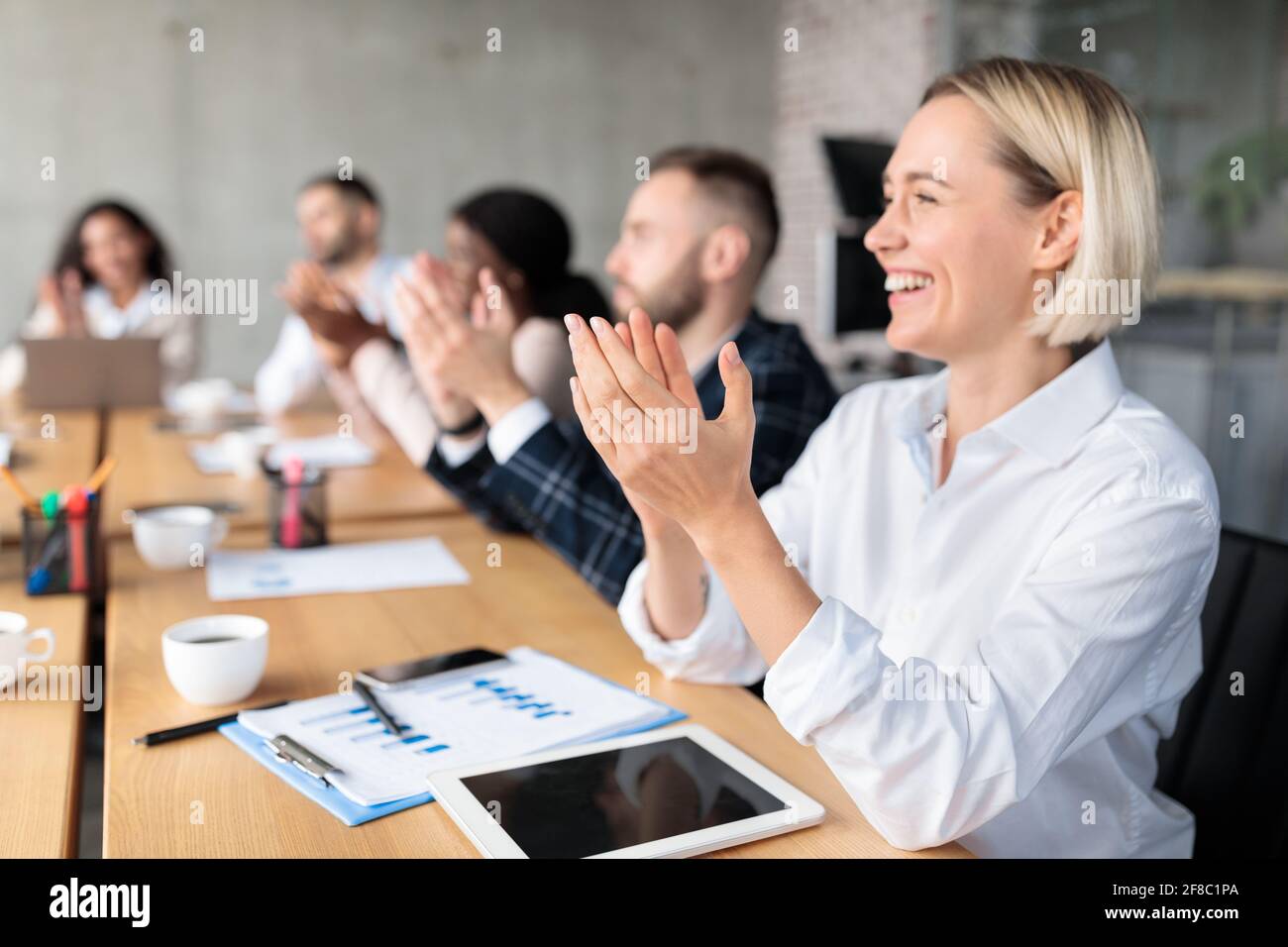 Diverse office corporate workers celebrate hi-res stock photography and ...