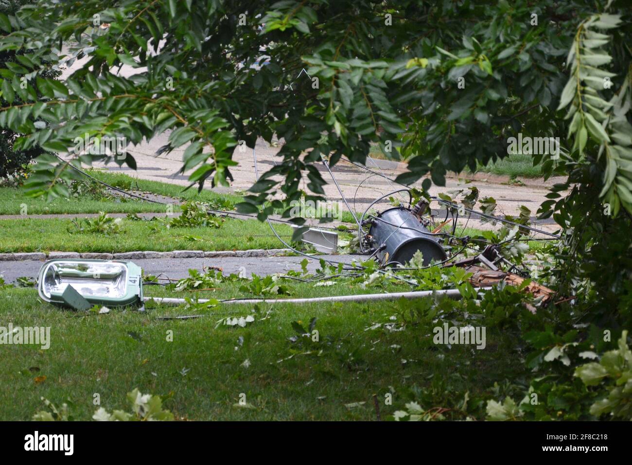 Fallen and broken street light from storm damage in Teaneck, NJ Stock ...