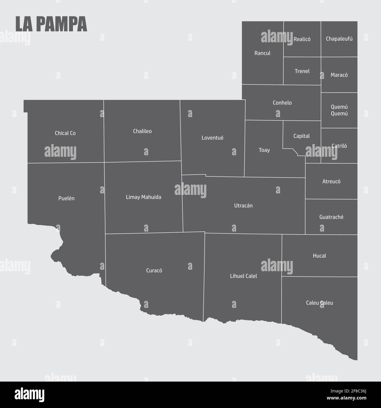 The La Pampa province isolated map divided in departments with labels ...