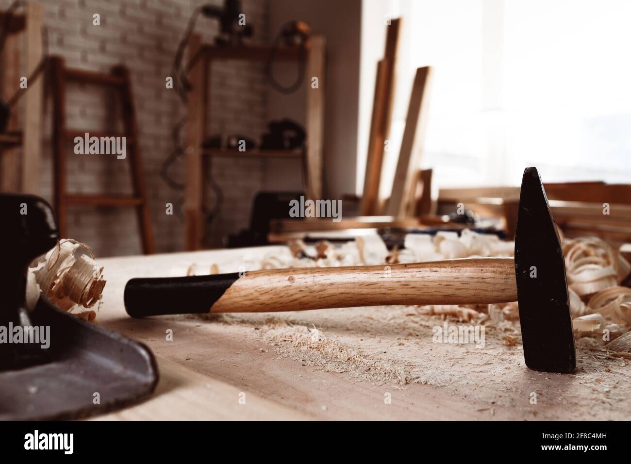 Close up of a working table of a carpenter in a workshop Stock Photo ...